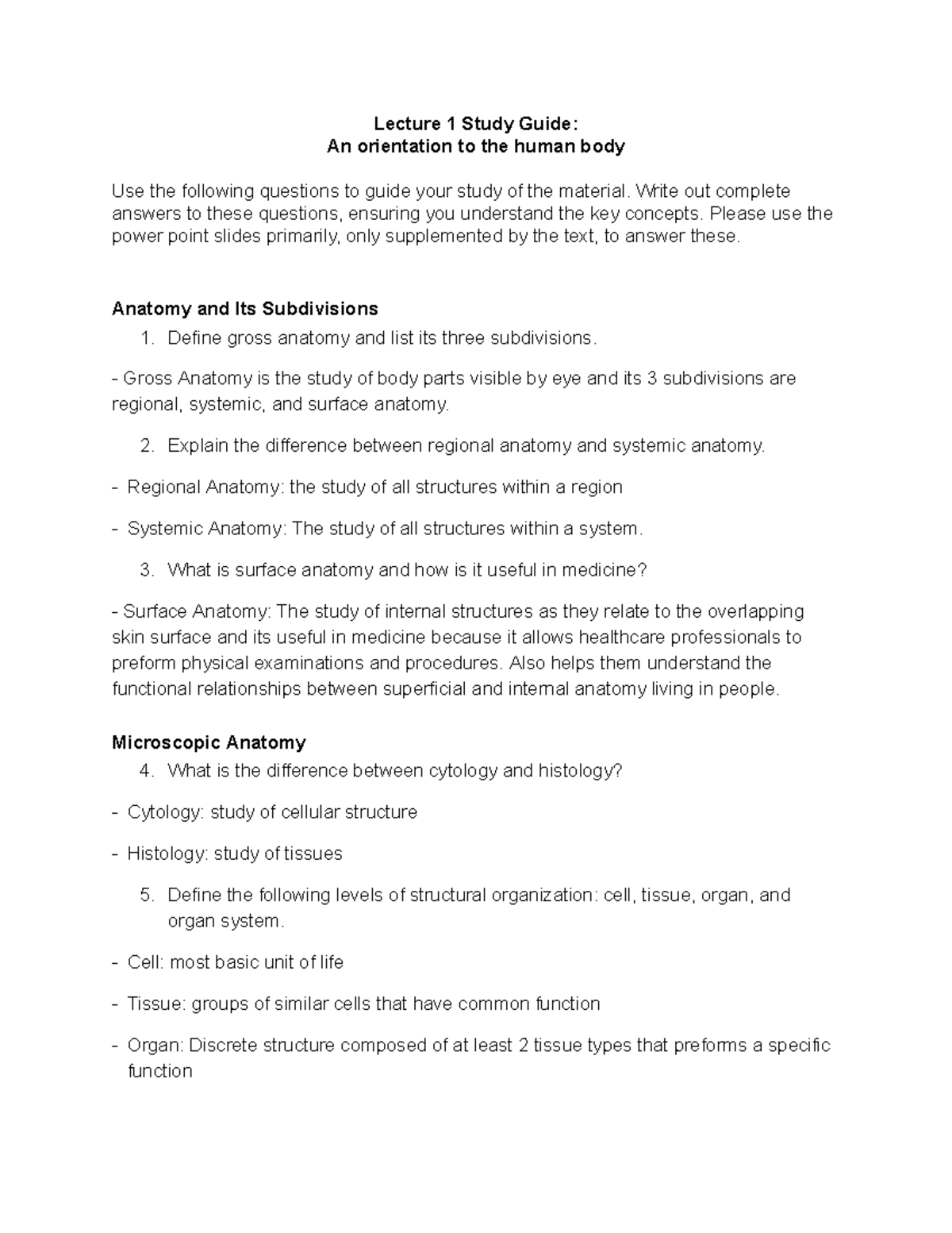 Lecture 1 A&P Study Guide: Overview of Human Anatomy & Physiology - Studocu