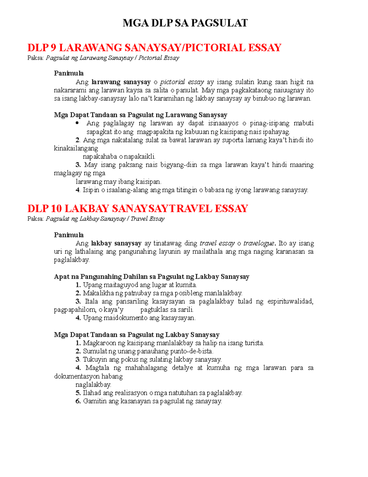 Pagsulat ng Larawang Sanaysay at Lakbay Sanaysay - DLP Assignment - Studocu