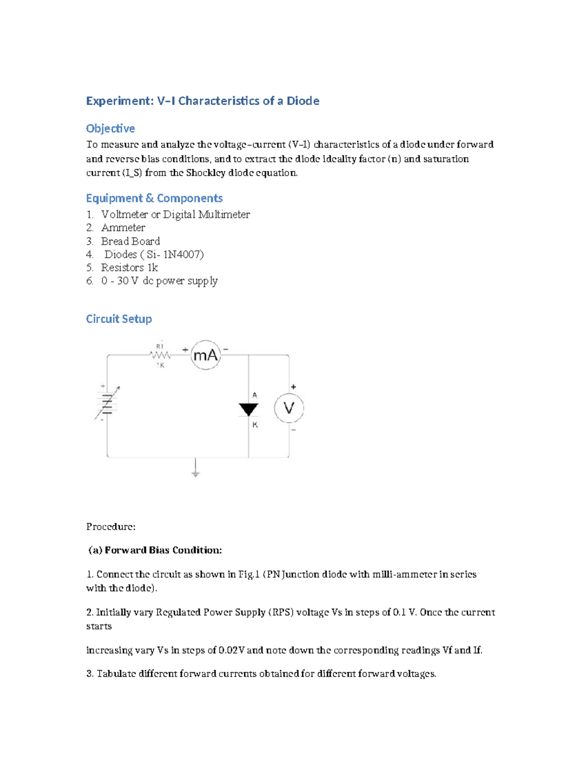 Experiment: Diode VI Characteristics Analysis (1N4007) - Studocu