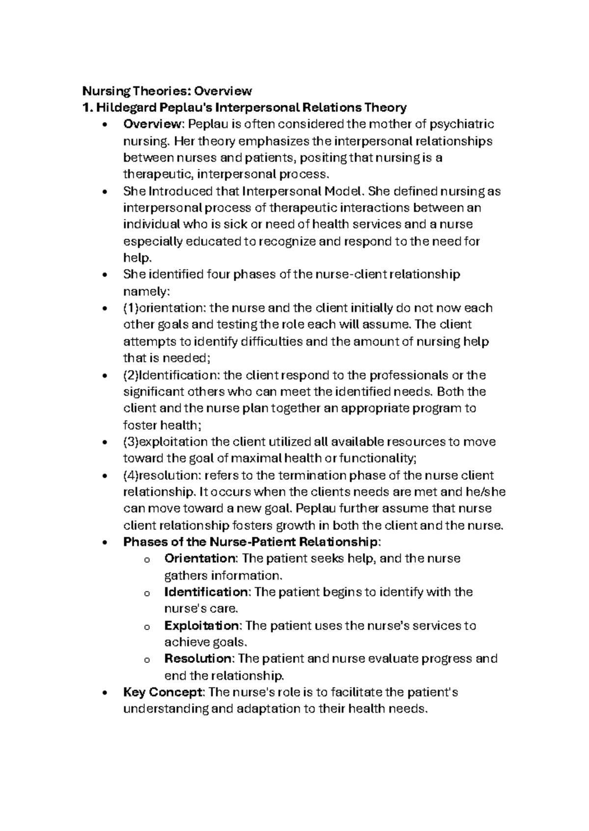 Nursing Theories Overview - TFN Study Notes - Studocu