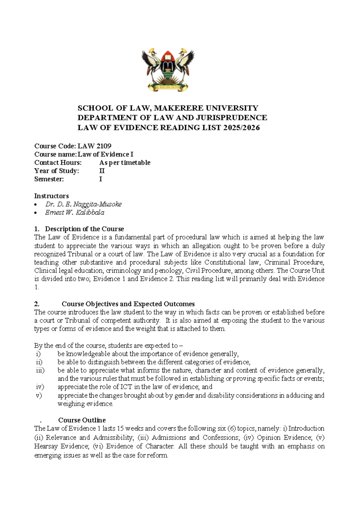 LAW 2109: Reading List for Law of Evidence I - Semester 1 - Studocu