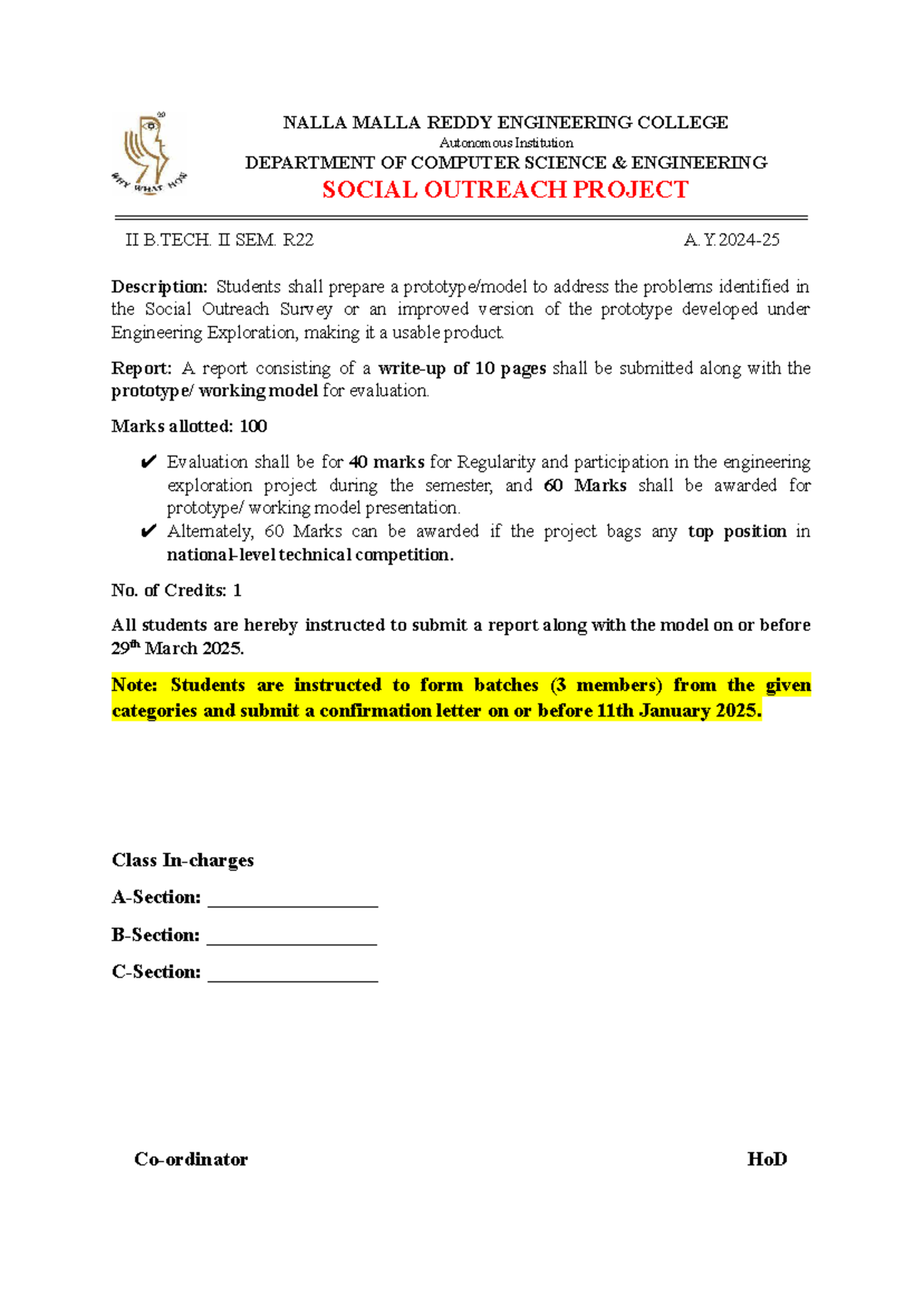 B.Tech II Sem CSE Social Outreach Project Report Guidelines - Studocu