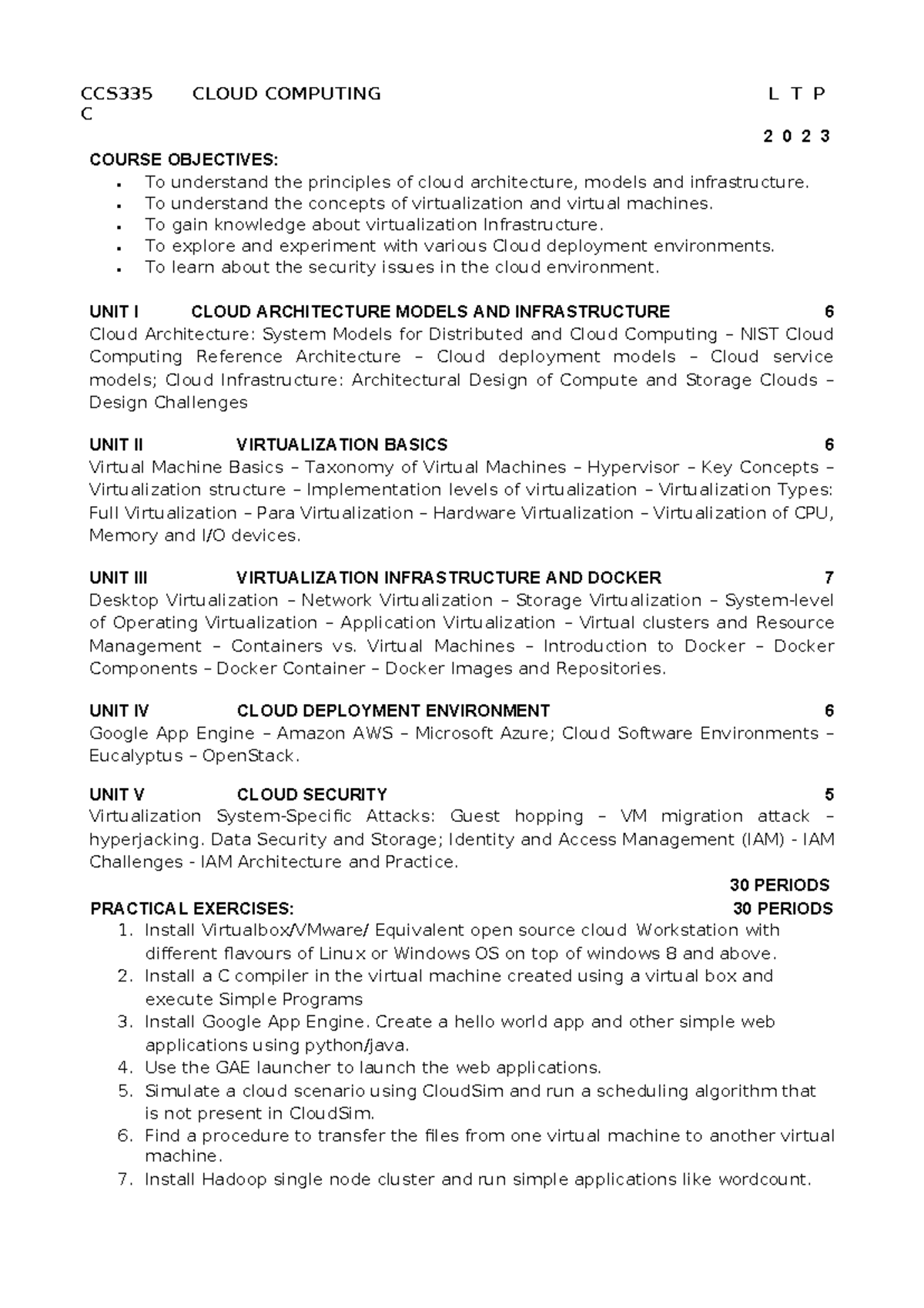 CCS335 Cloud Computing Course Syllabus and Practical Exercises - Studocu