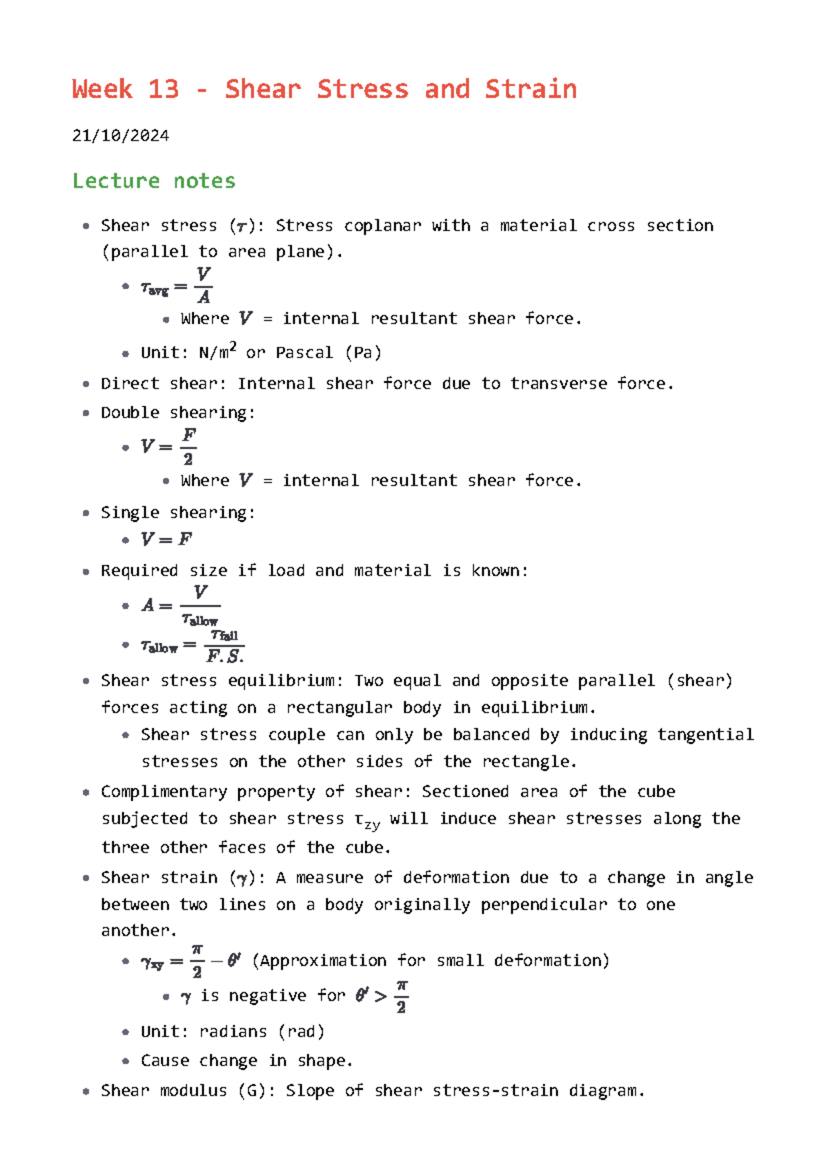 ENGR 101: Week 13 Lecture Notes on Shear Stress and Strain - Studocu