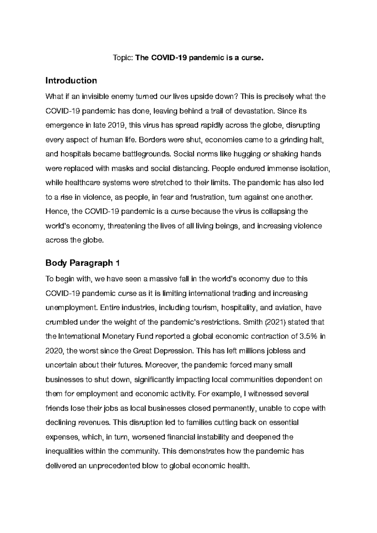 Persuasive Essay: The Pandemic as a Global Curse - Studocu