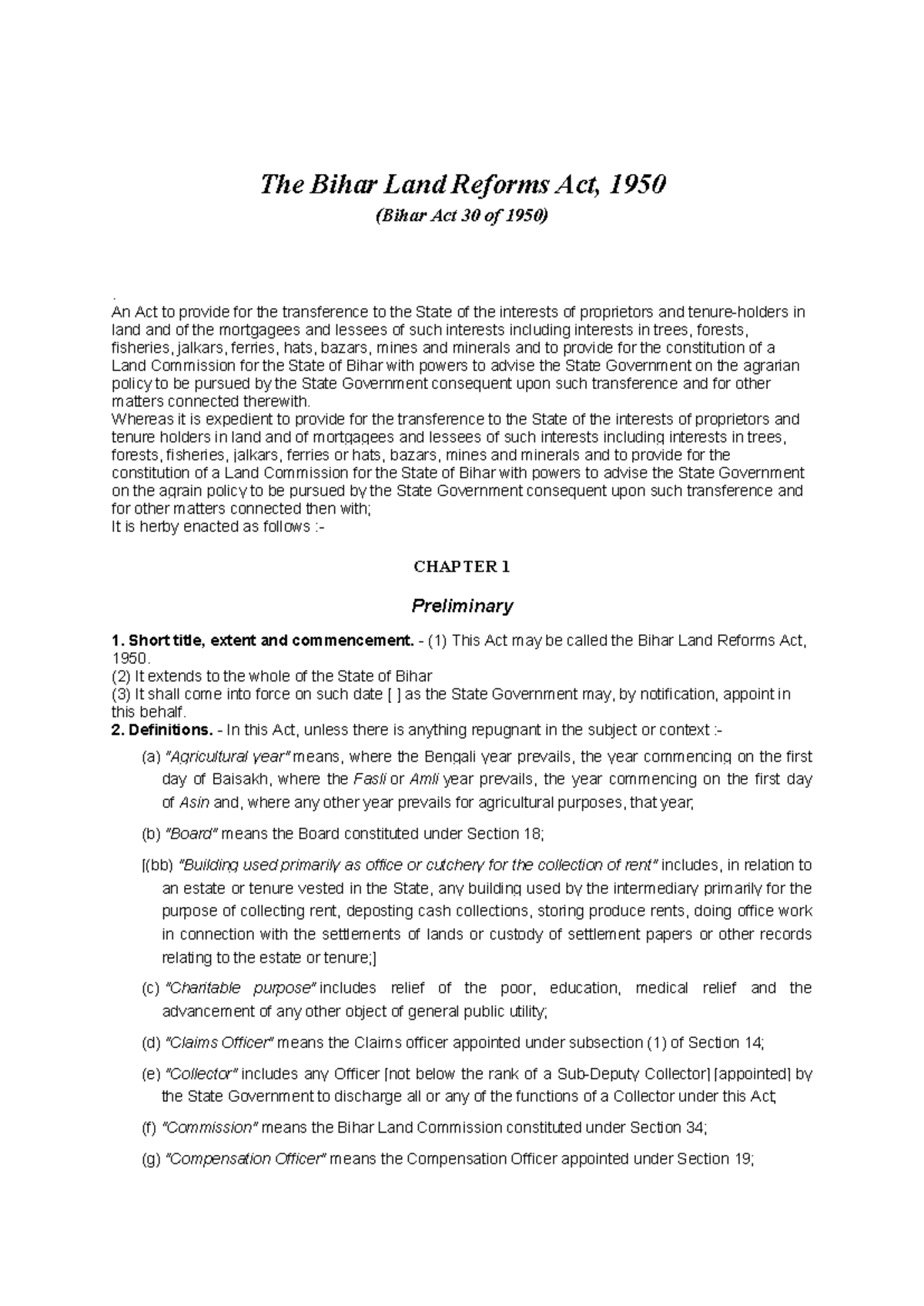 Bihar Land Reforms Act, 1950: Comprehensive Overview and Provisions ...