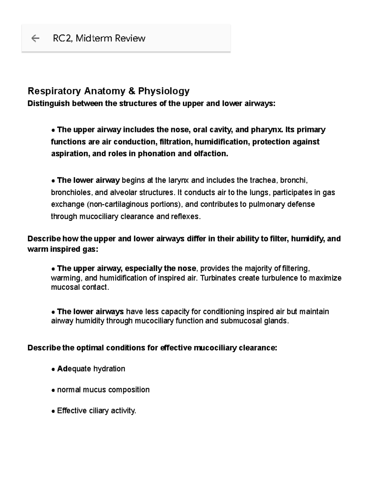 RC2 Midterm Review: Key Concepts in Respiratory Anatomy & Physiology - Studocu