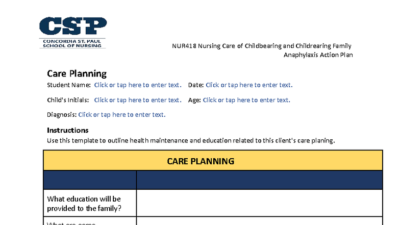 NUR418 Anaphylaxis Care Planning for Childbearing Families - Studocu