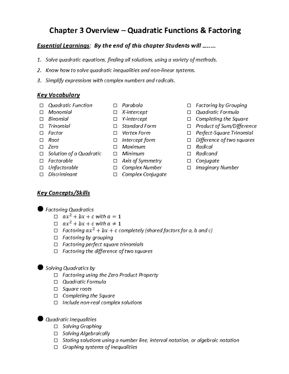 Chapter 3 Overview: Quadratic Functions & Factoring (A2T) - Studocu