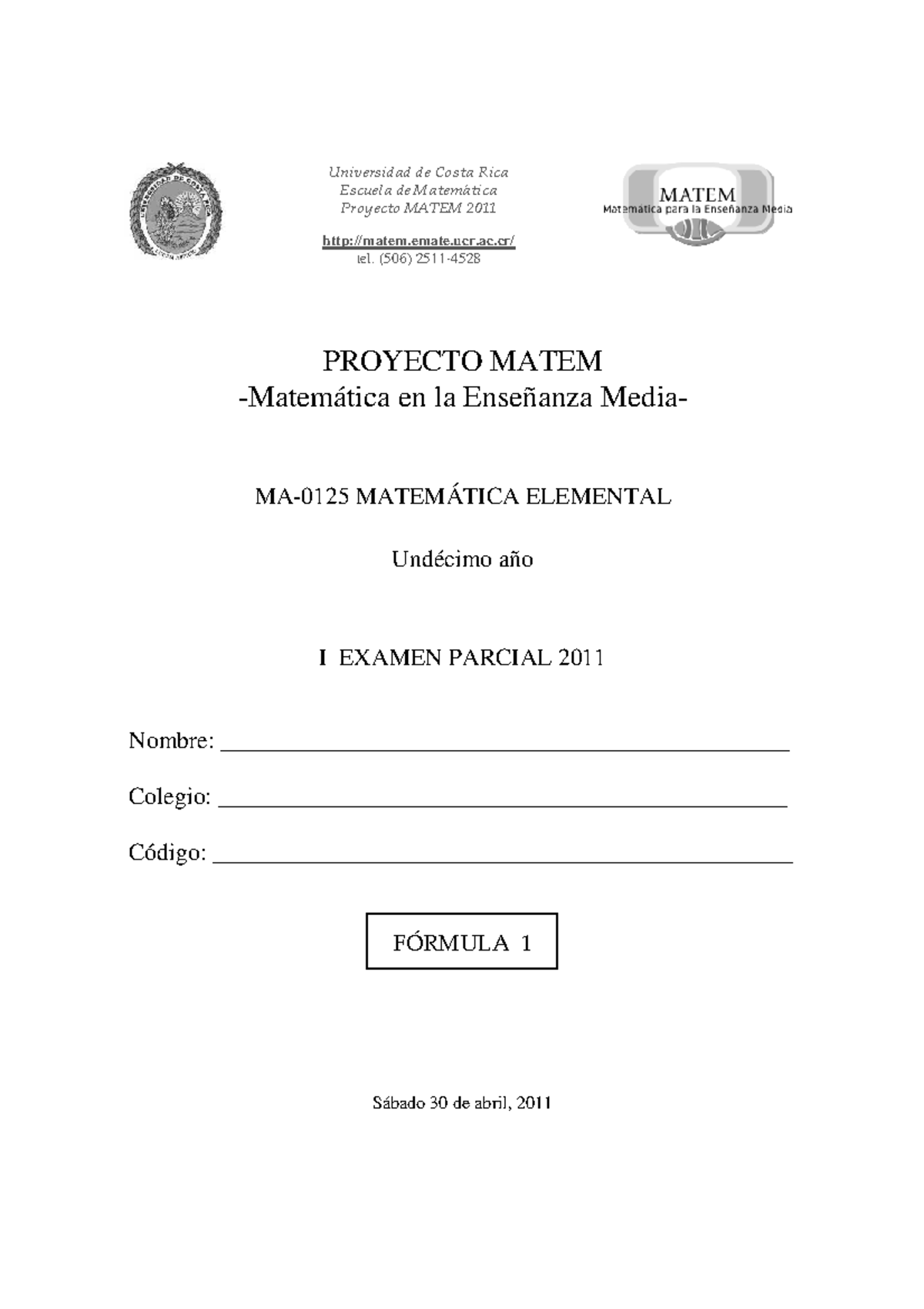Examen Parcial MA-0125 Matemática 11 - Proyecto Matem 2011 - Studocu