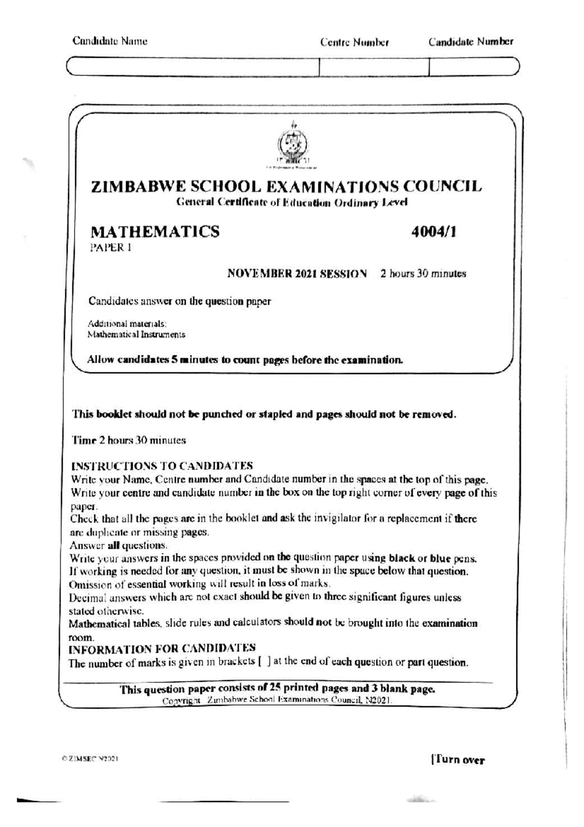 O-Level Mathematics Paper I (ZIMSEC N2021) Exam Guide - Studocu