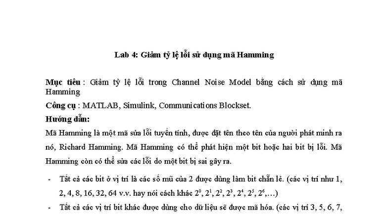 Lab 4: Giảm Tỷ Lệ Lỗi Sử Dụng Mã Hamming trong MATLAB - Studocu