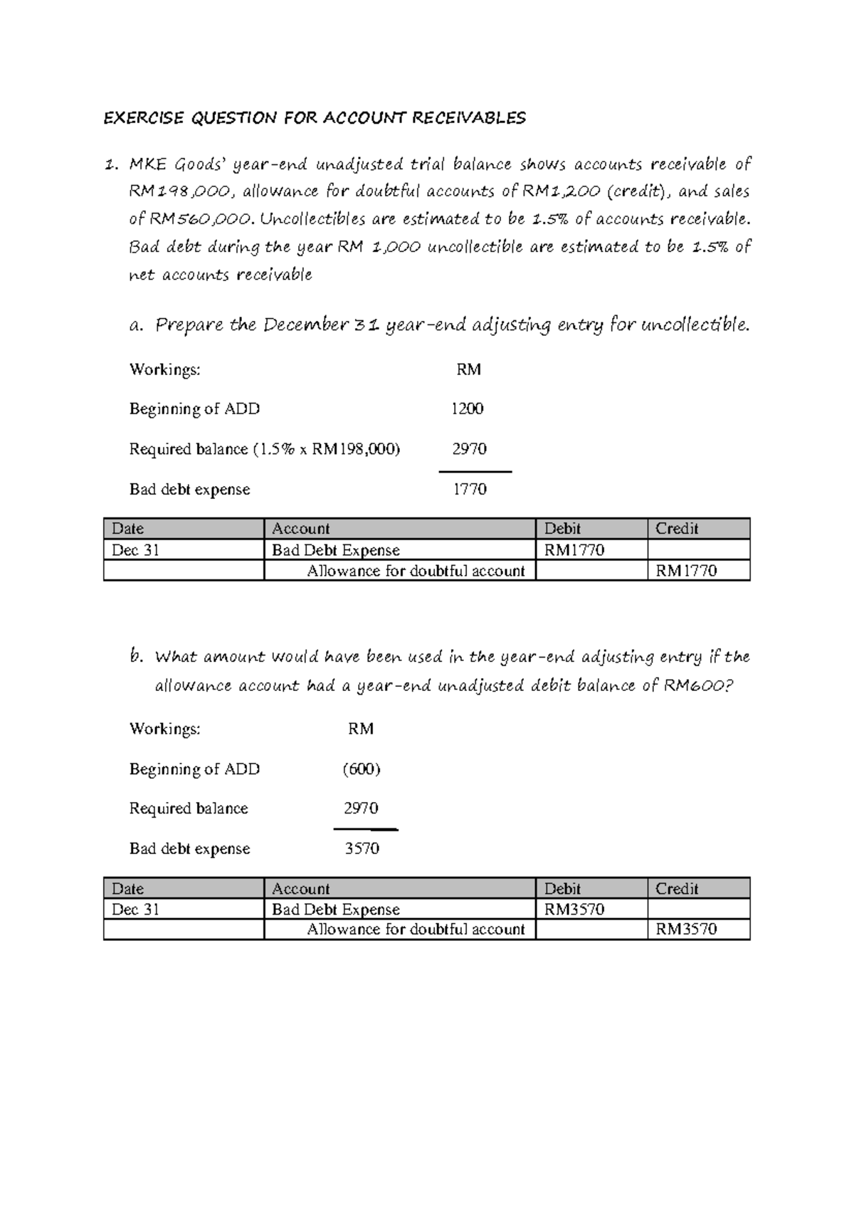 ACCT 101: Accounts Receivables Exercise for Year-End Adjustments - Studocu