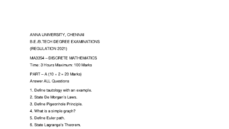 MA3354 Discrete Mathematics Predicted Question Paper - Studocu