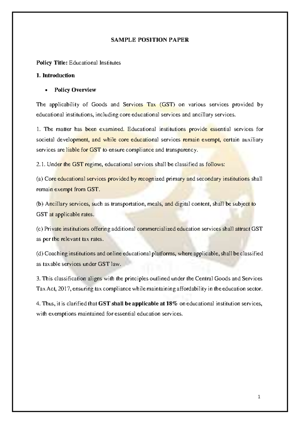 SAMPLE POSITION PAPER: GST on Educational Services in Kerala - Studocu