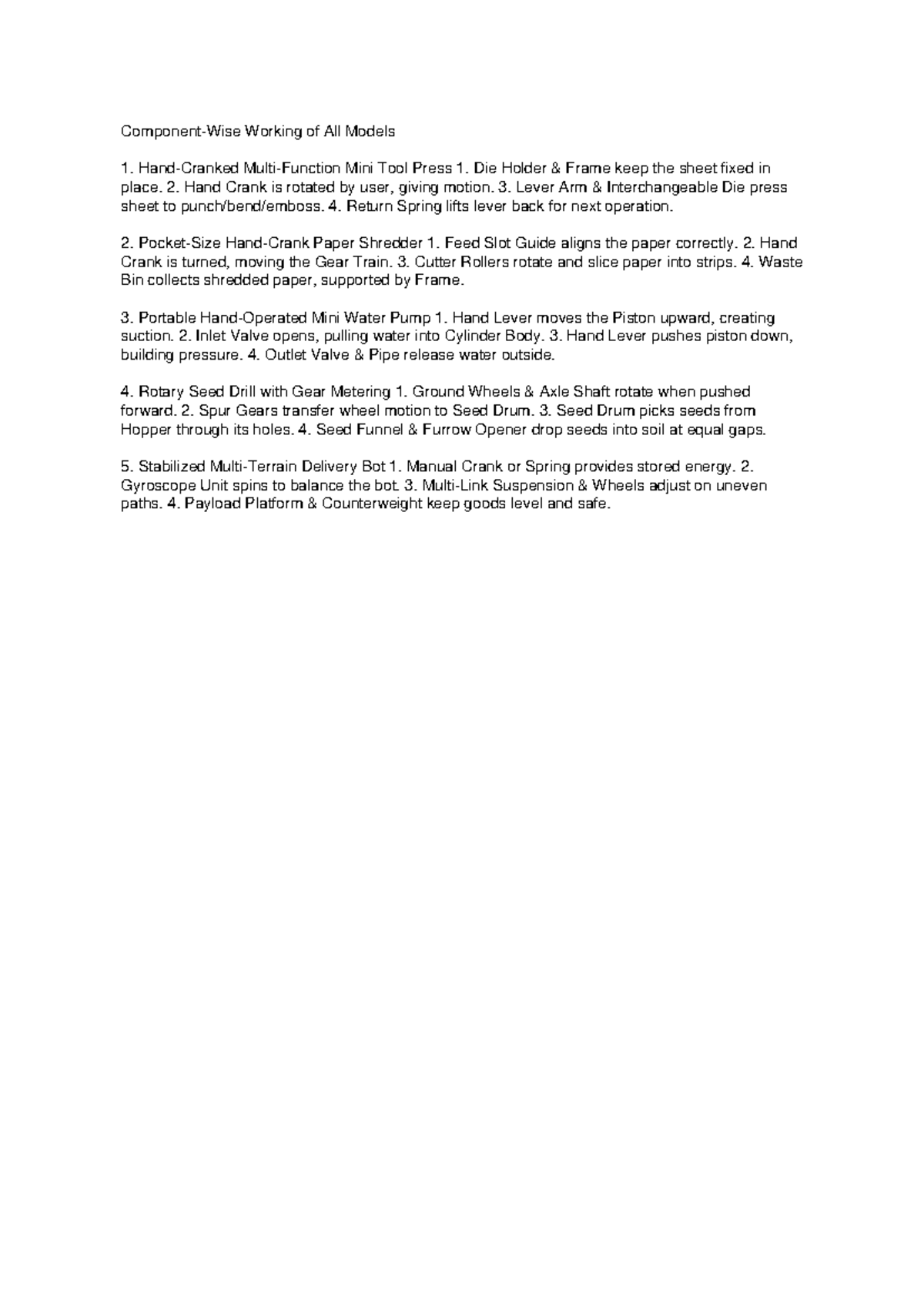 Component Wise Working of Various Models: Mini Tool Press, Shredder ...