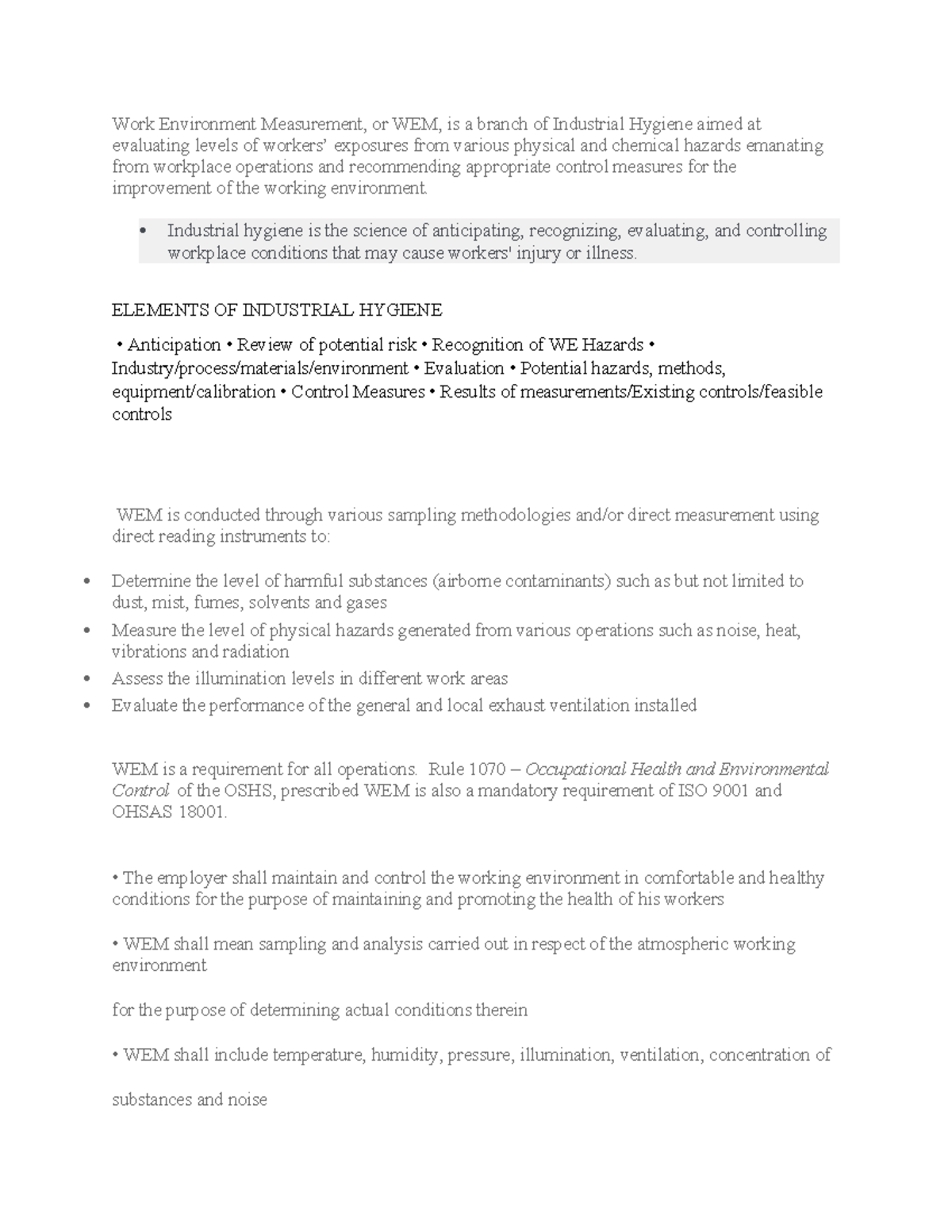 Work Environment Measurement (WEM) in Industrial Hygiene: A Study - Studocu