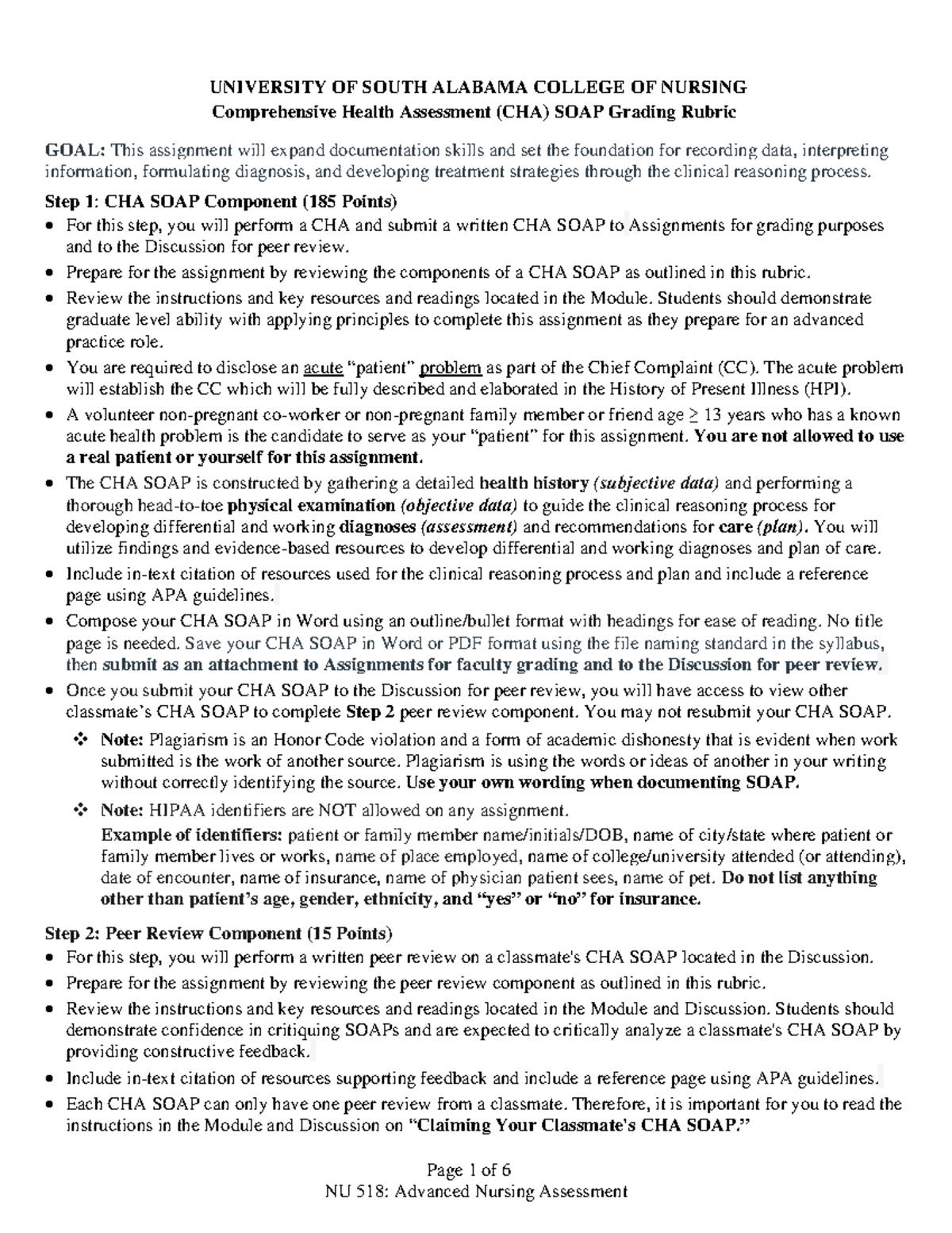 NU 518 Comprehensive Health Assessment SOAP Grading Rubric Guide - Studocu