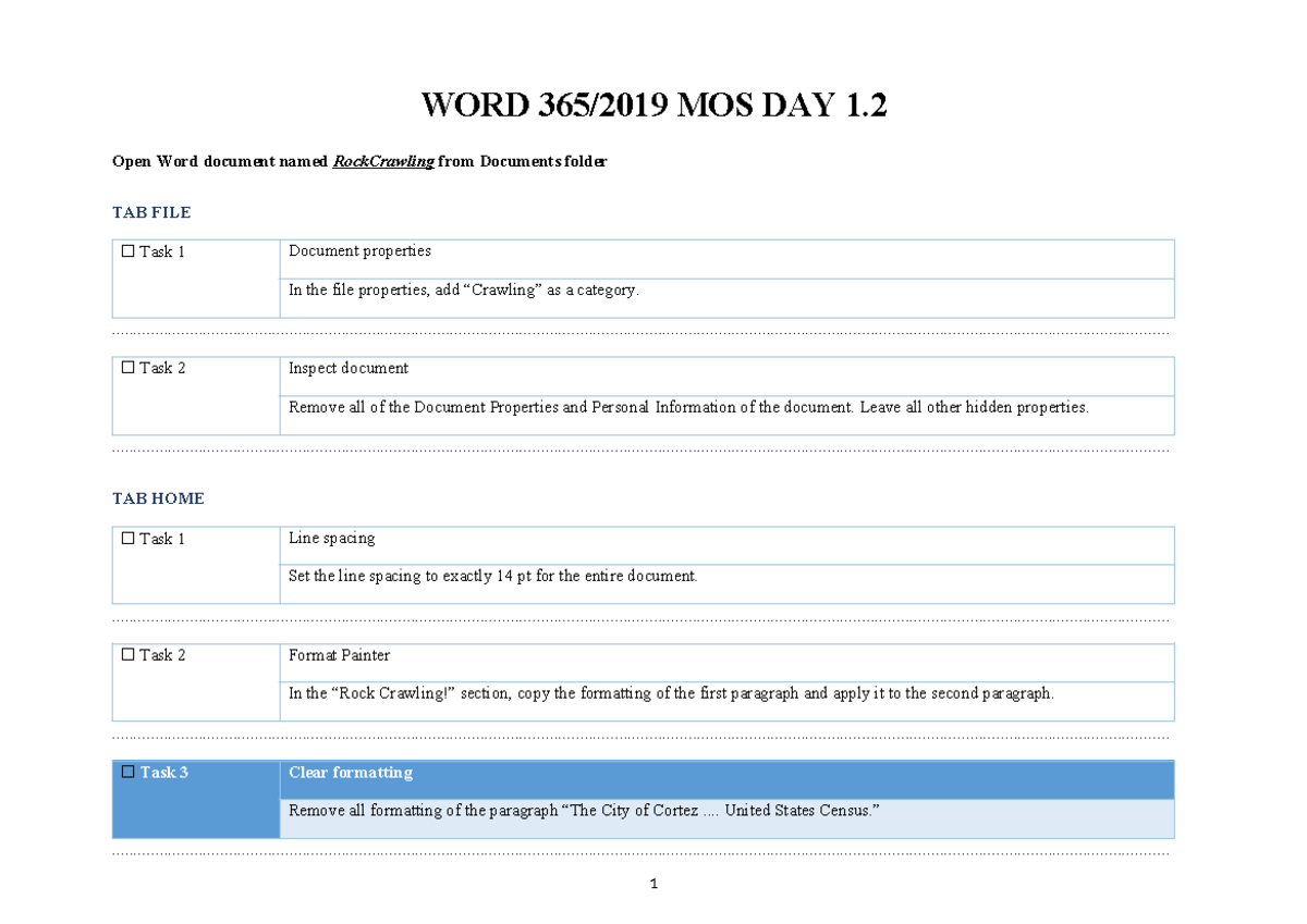 MOS WORD 365/2019 Day 1: Document Properties & Formatting Tasks - Studocu