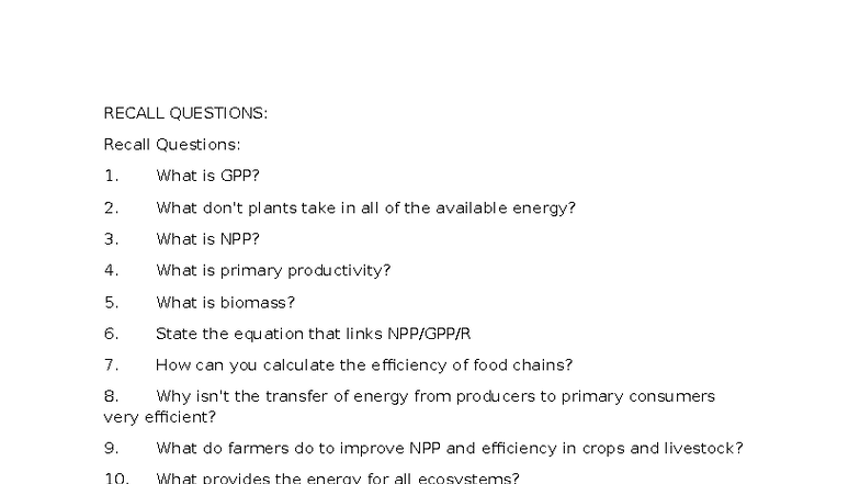 Recall Questions - Quiz - RECALL QUESTIONS: Recall Questions: What is ...