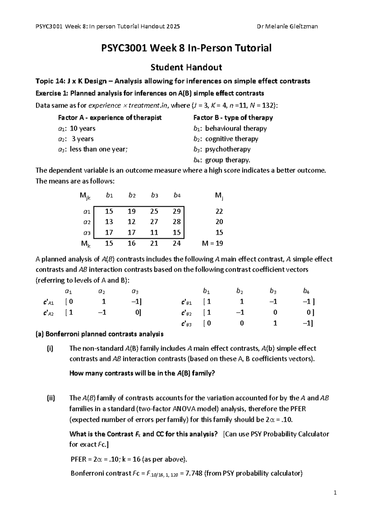 PSYC3001 Week 8 Tutorial Handout: J x K Design Analysis 2026 - Studocu