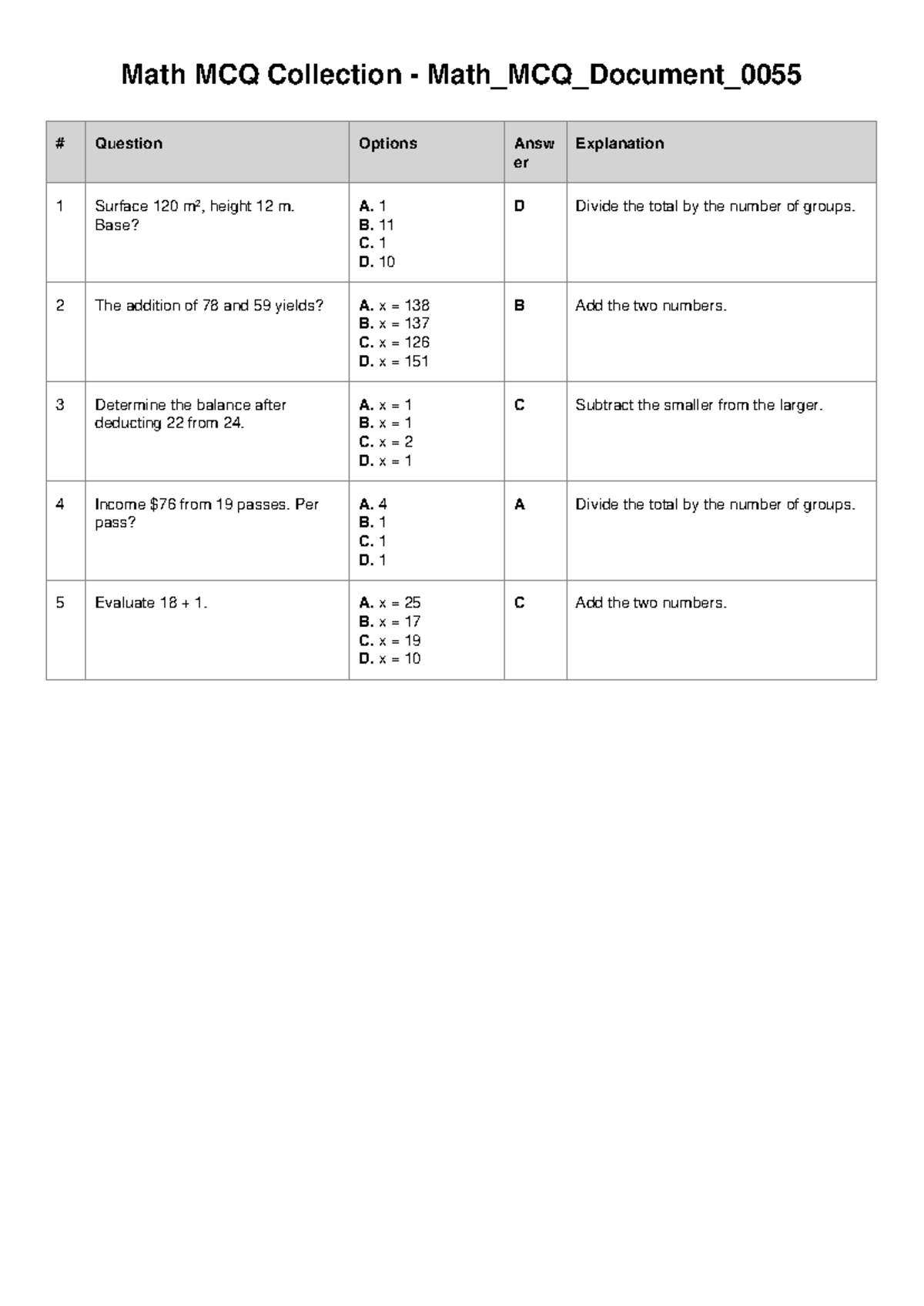 Math MCQ Collection for Final Exam - Math_MCQ_Document_0055 - Studocu