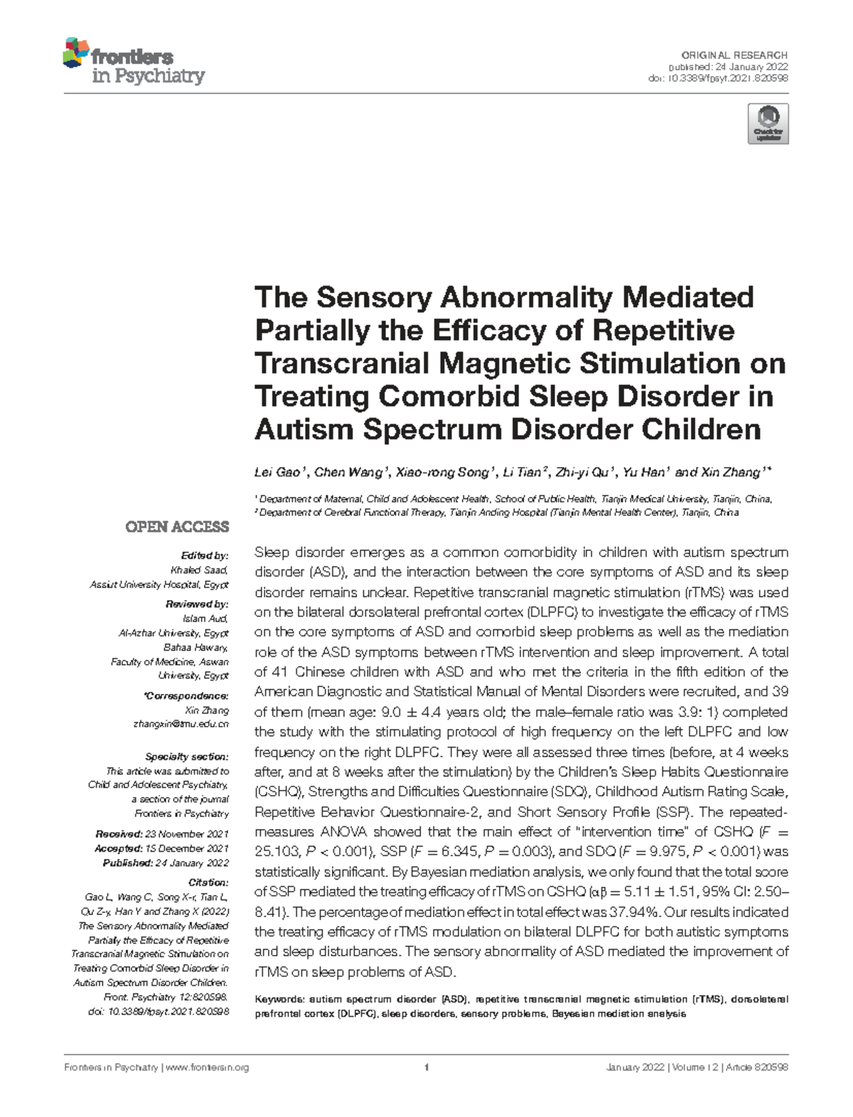 rTMS Efficacy on Sleep Disorders in ASD: Sensory Mediation Insights ...