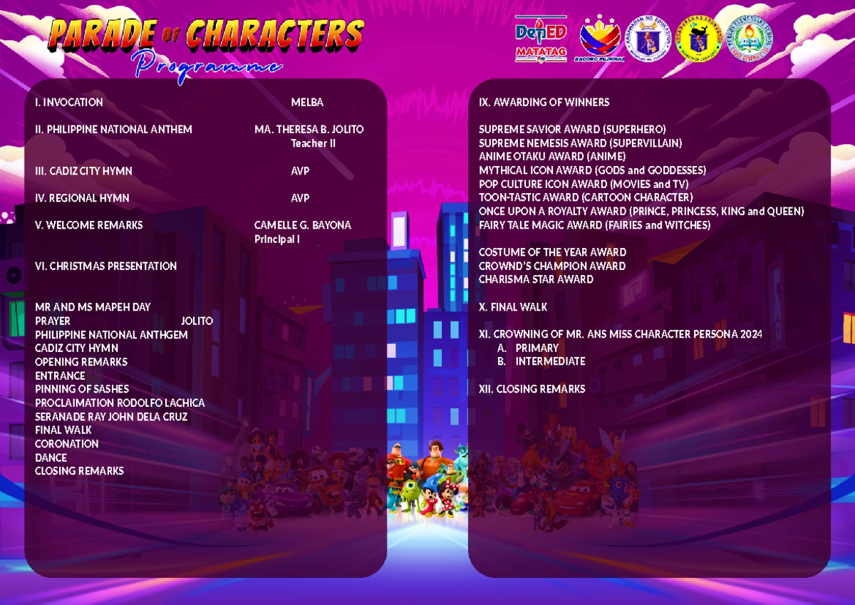 Parade of Characters Program: MR and MS MAPEH Day 2024 - Studocu