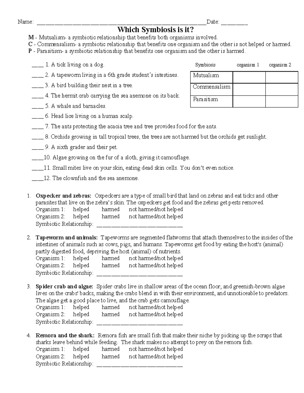 Symbiosis Worksheet-1: Understanding Mutualism, Commensalism, and ...