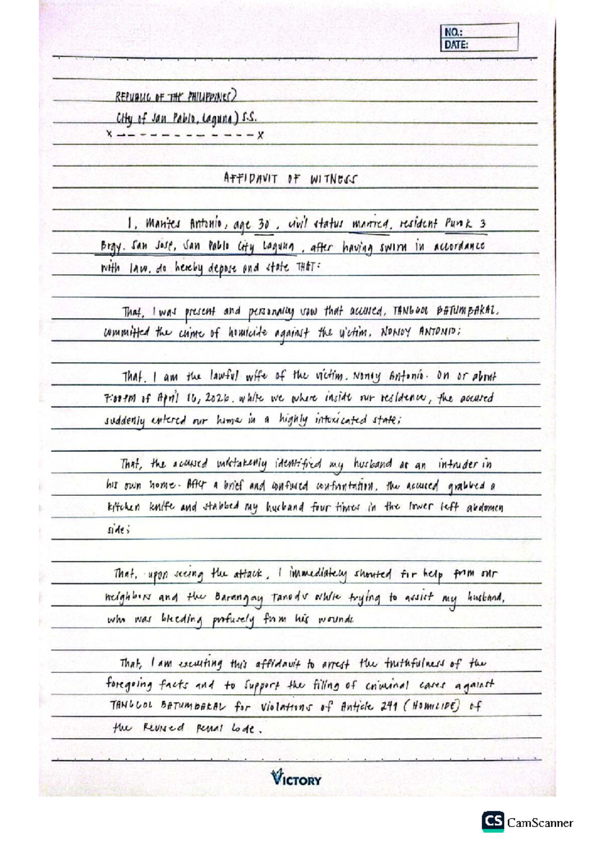 Affidavit of Witness - Sample Document for Legal Reference - Studocu