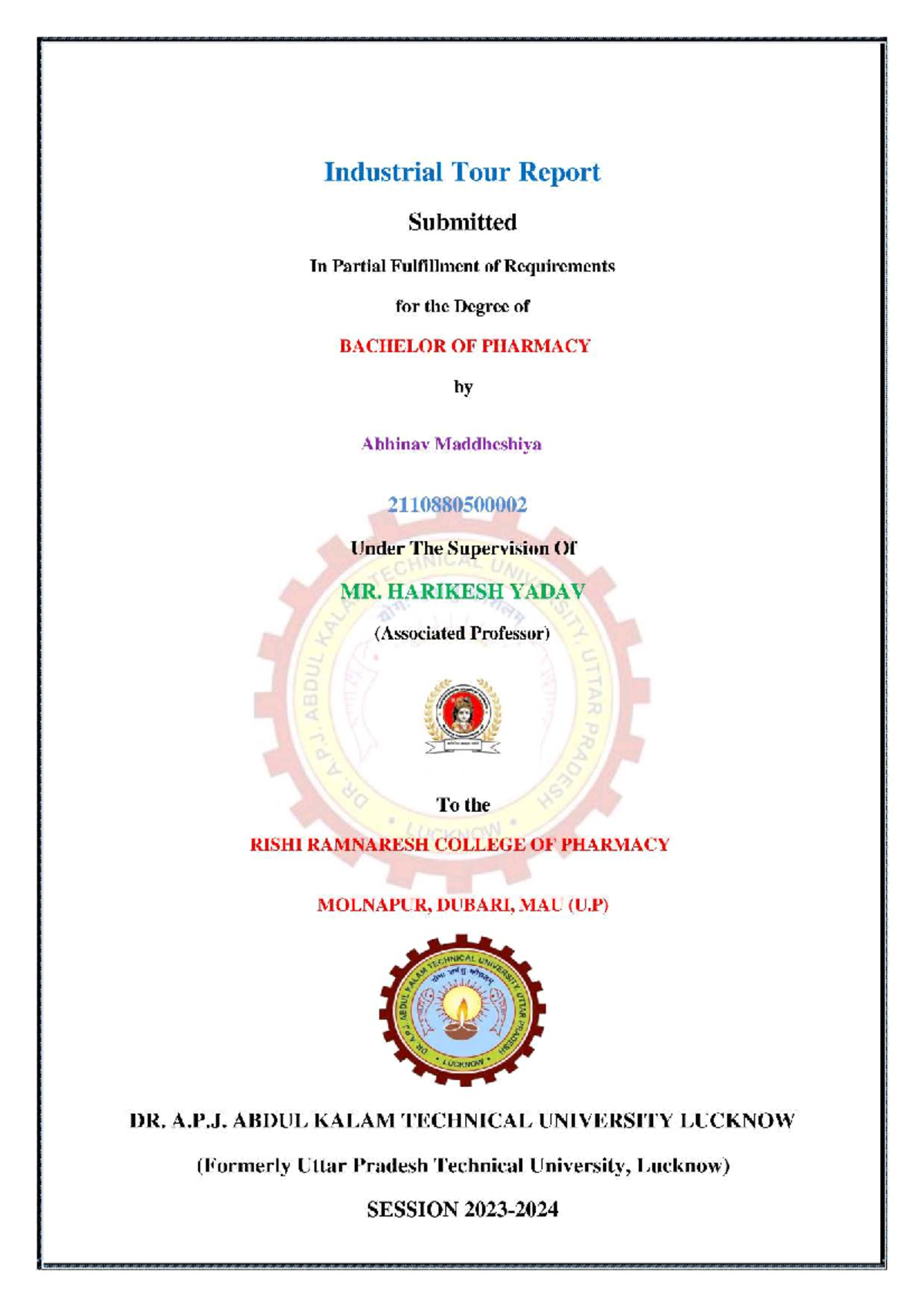 Industrial Tour Report for B.Pharm 8th Sem at Alliaance Biotech - Studocu