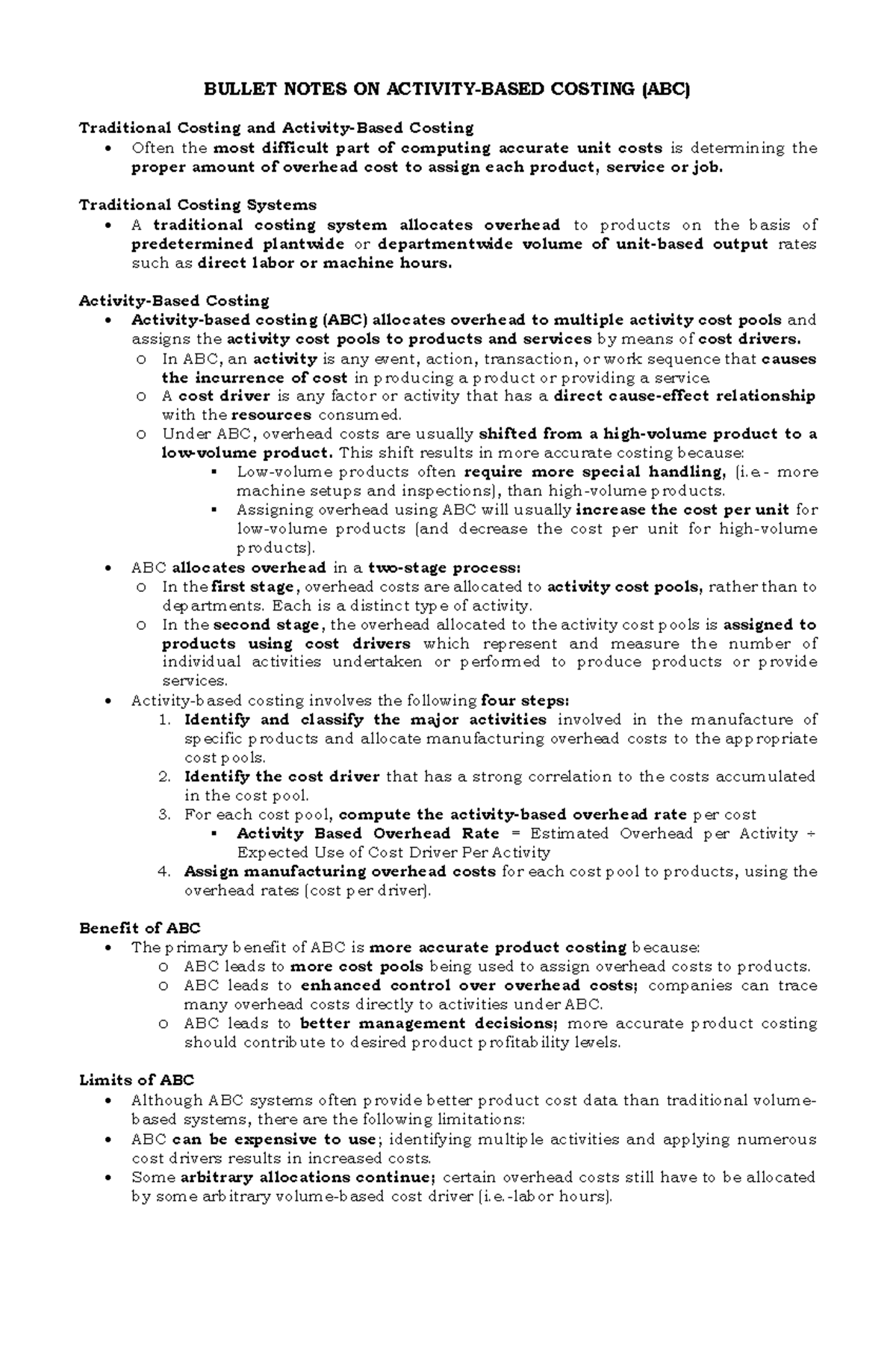 MS Bullet Notes 14 - Activity Based Costing - BULLET NOTES ON ACTIVITY ...