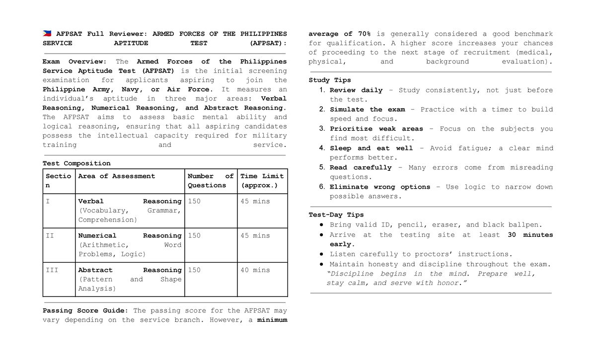 AFPSAT Full Reviewer: Armed Forces of the Philippines Test Guide - Studocu