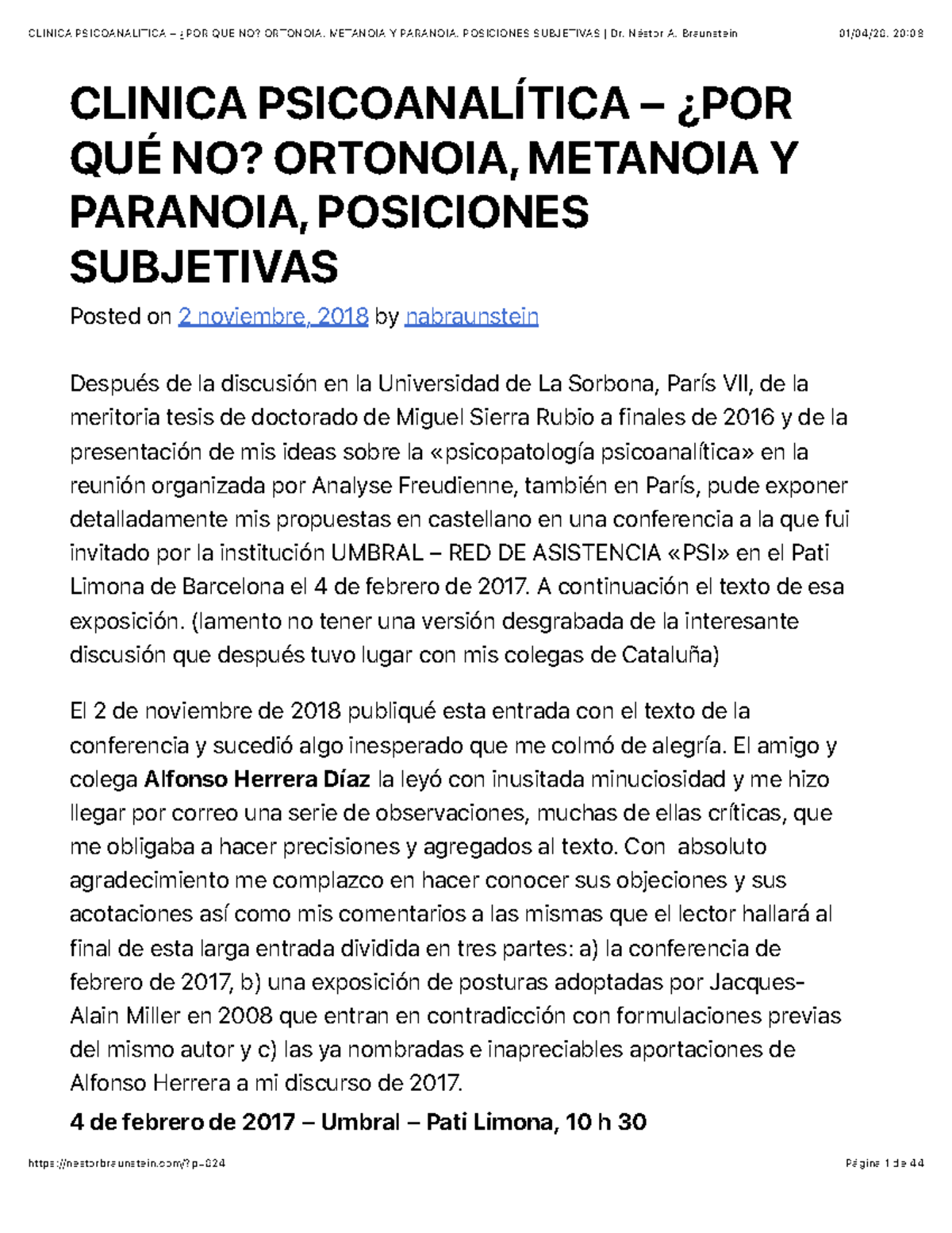 CLINICA PSICOANALÍTICA: ORTONOIA, METANOIA Y PARANOIA - PERSPECTIVAS ...