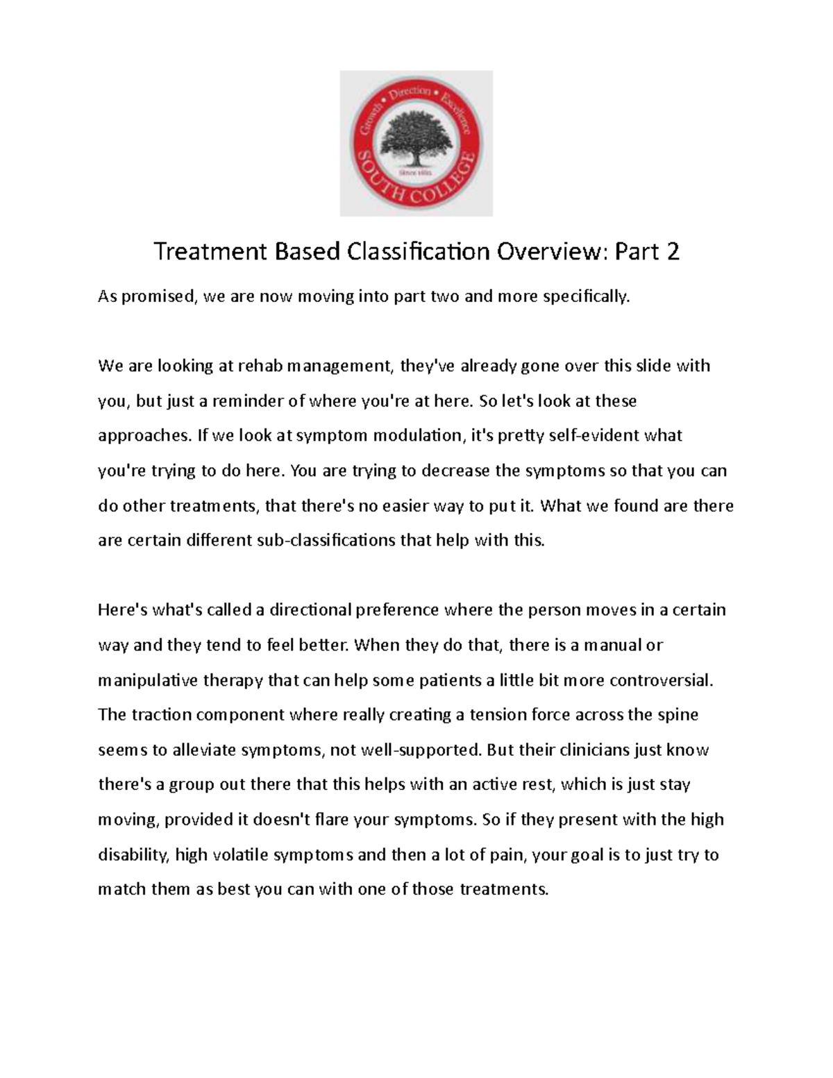 Treatment-Based Classification Overview: Rehab Management Part 2 - Studocu