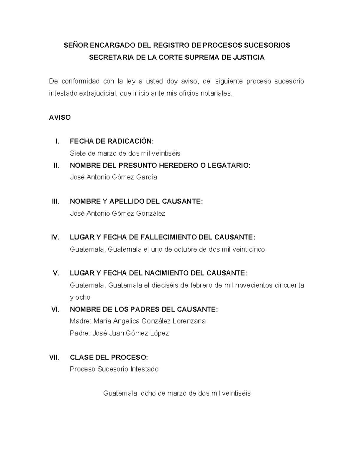 Aviso de Proceso Sucesorio Intestado - Guatemala 2026 - Studocu