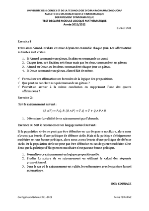 Examen LOG 2021 - University USTO LOG L2 Informatique LMD - FACULTE DES ...