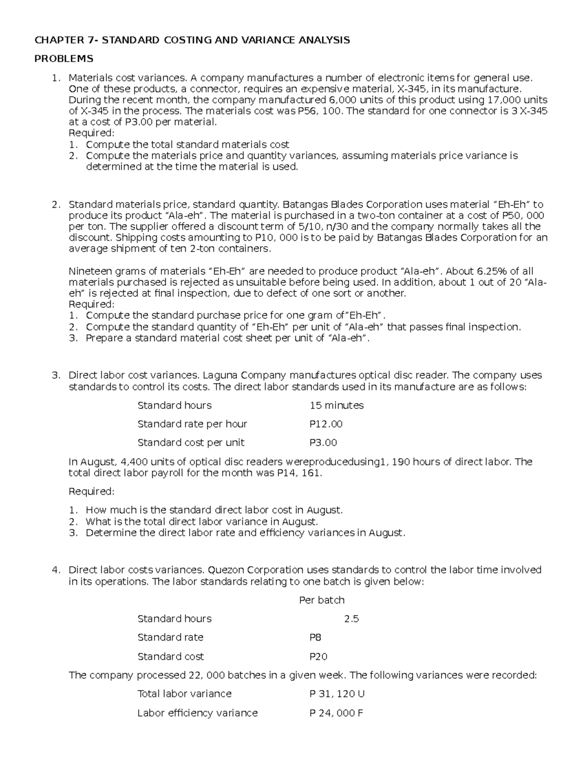 Chapter 7 Problems - Standard Costing and Variance Analysis - Studocu