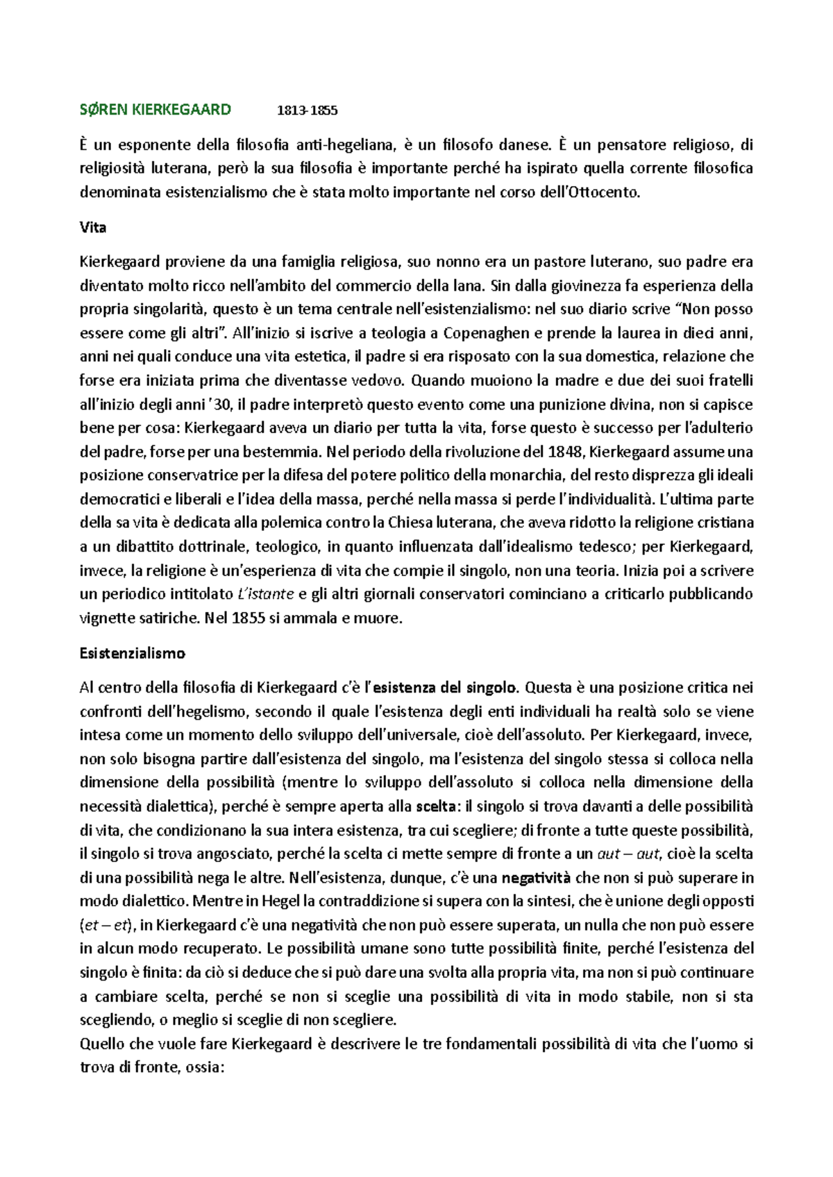 Kirkegaard - Appunti Dettagliati sulla Filosofia Esistenzialista - Studocu