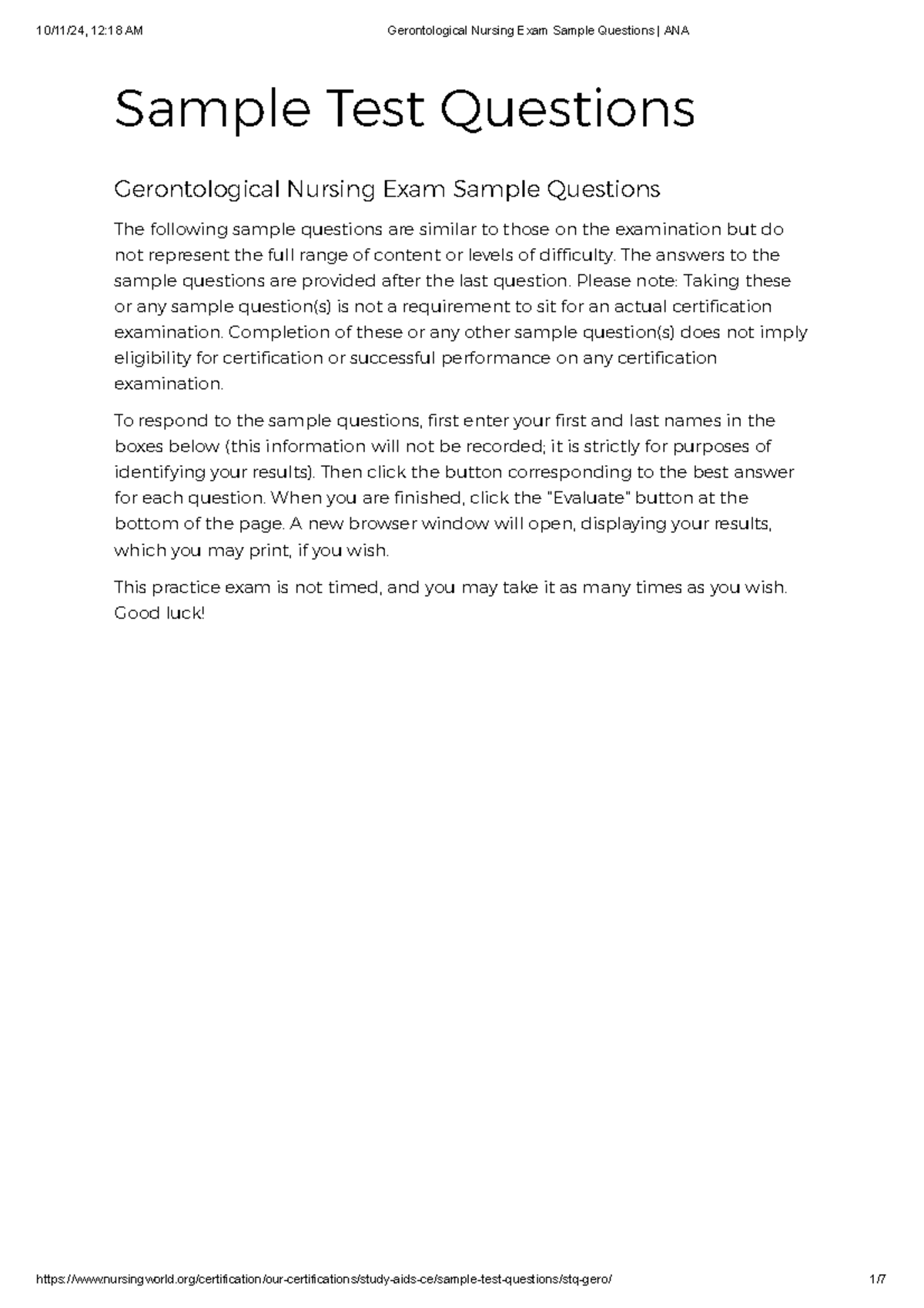 Sample qs geria 1 - psych - Sample Test Questions Gerontological ...