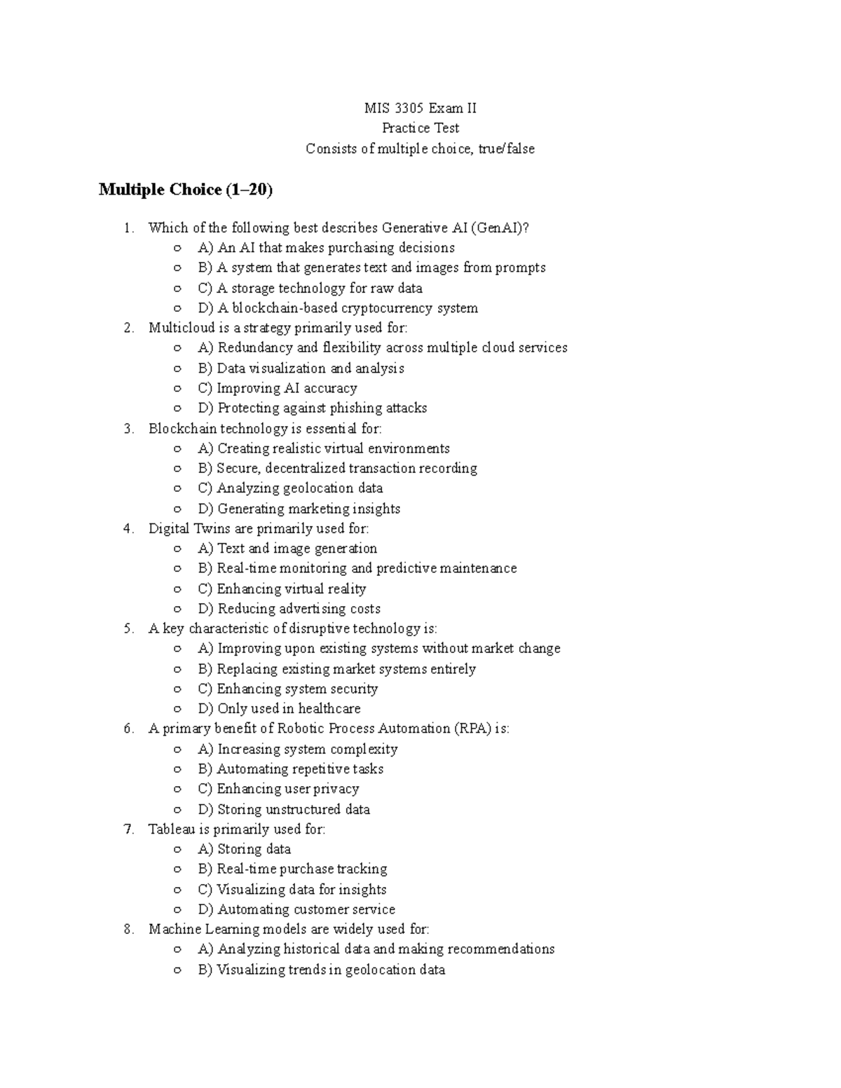 MIS 3305 Exam II: Practice Test with MCQs, T/F, and Matching Sections ...