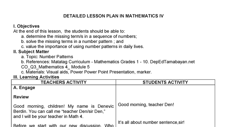 Detailed Lesson Plan on Number Patterns for Mathematics IV - Studocu
