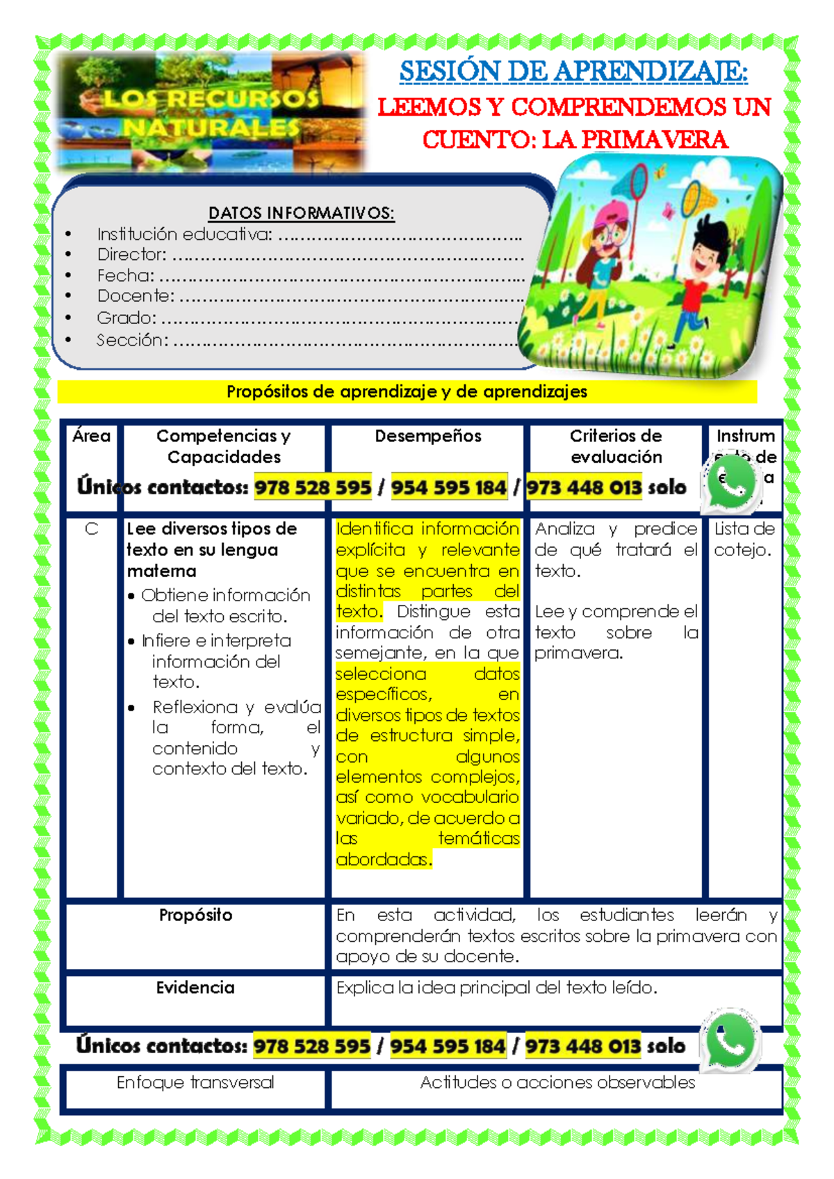SESION DE APRENDIZAJE: LECTURA Y COMPRENSION DEL CUENTO "LA PRIMAVERA ...