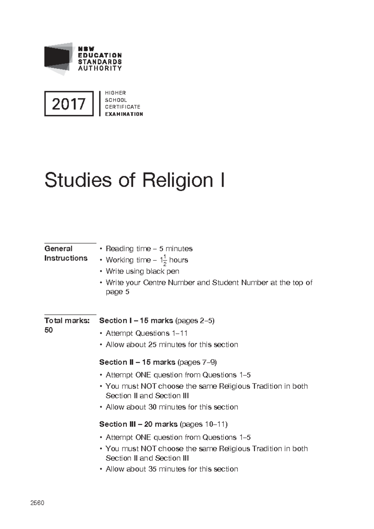 2017 HSC Studies of Religion I Exam Paper: General Instructions ...