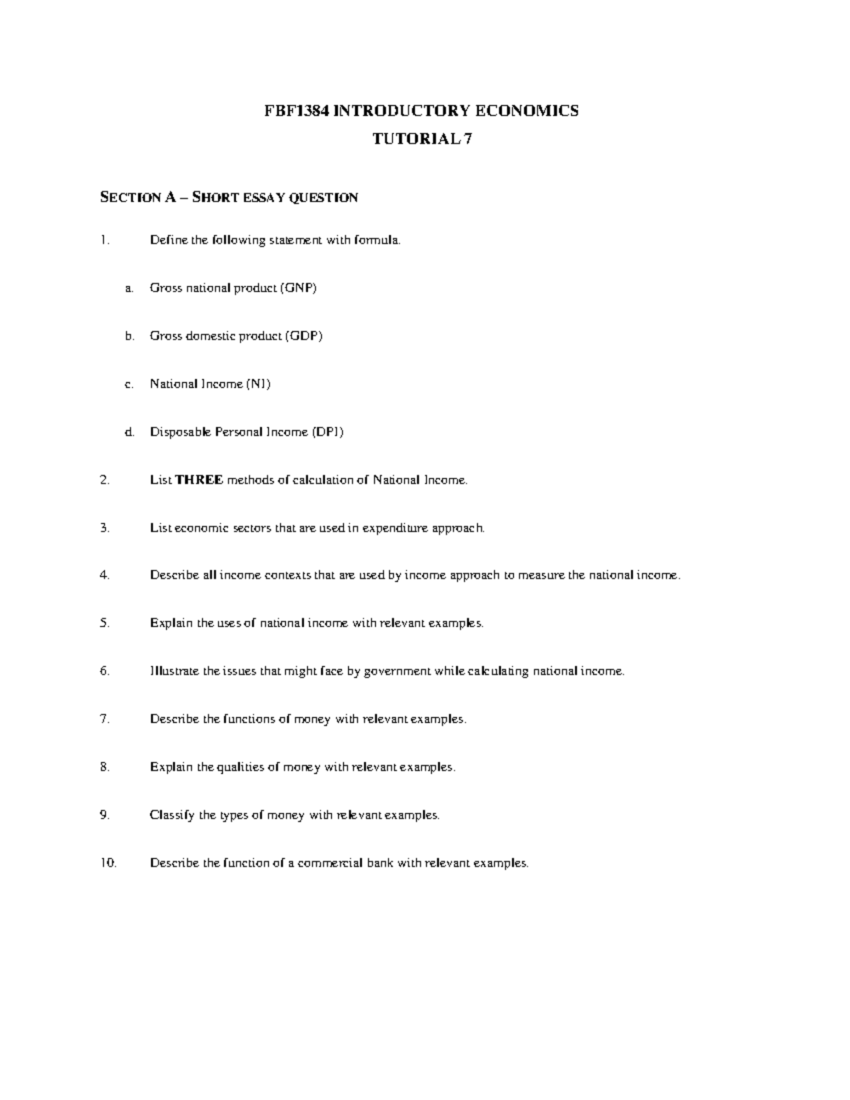 FBF1384 Introductory Economics Tutorial 7: Short Essay Questions - Studocu