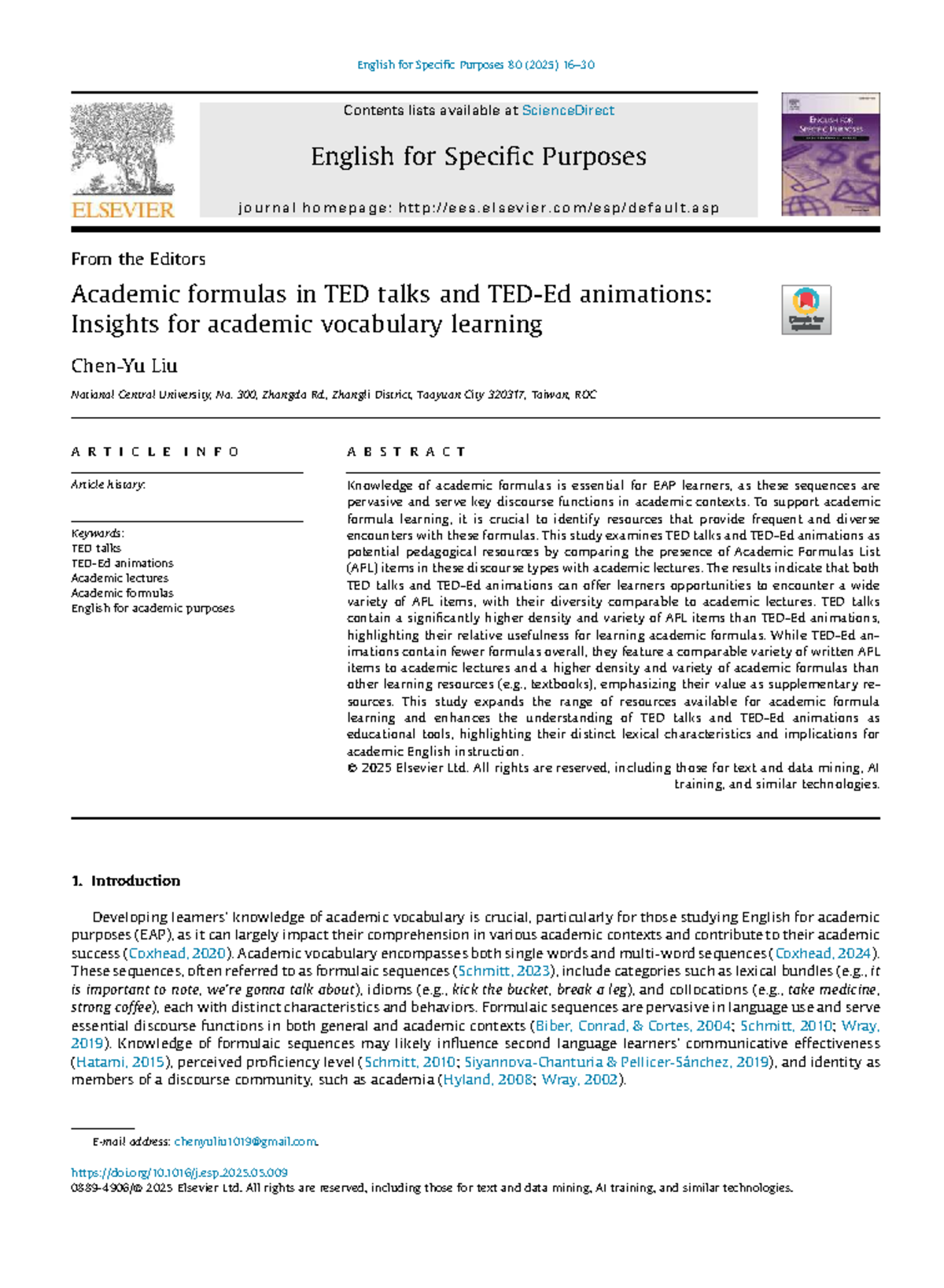 Academic Formulas in TED Talks vs. Animations: Insights for EAP (ESP 80 ...