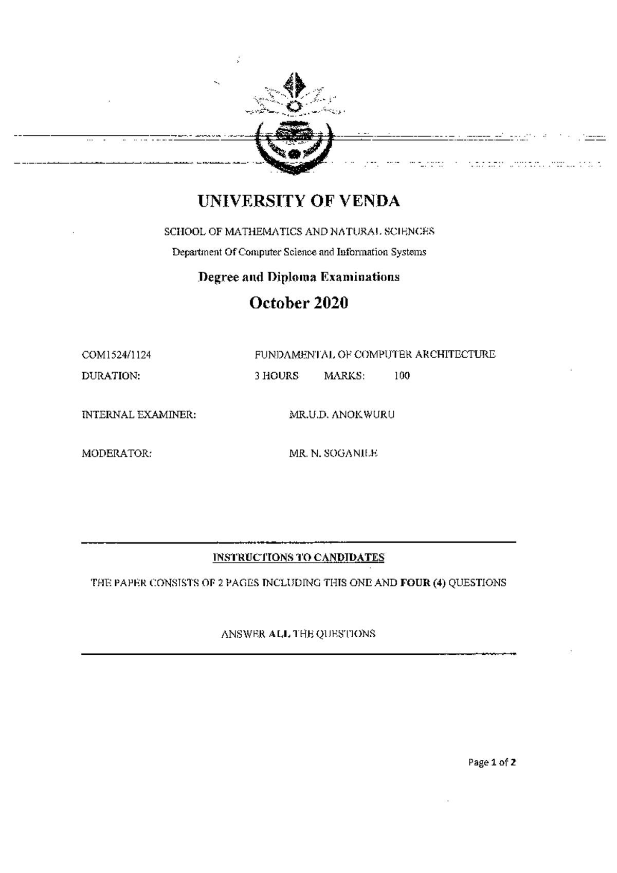 COM1524 Final Exam: Fundamentals of Computer Architecture - Studocu