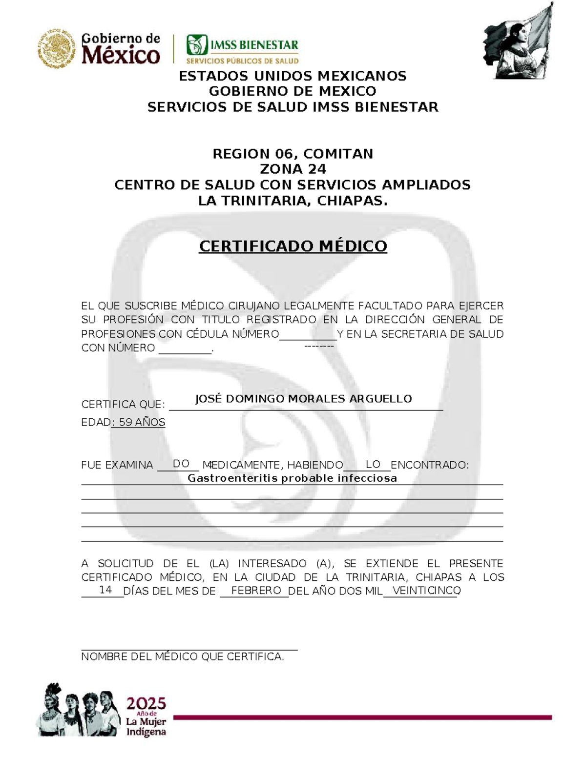 Certificado Médico Imss Bienestar La Trinitaria Chiapas Studocu