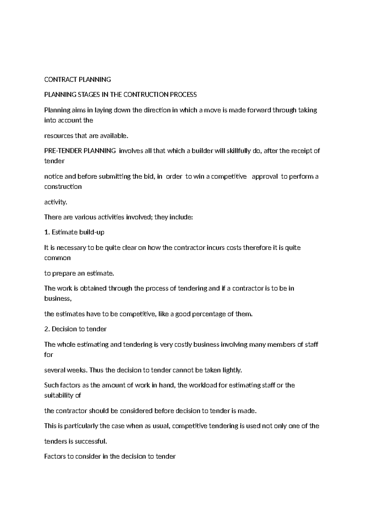 CON Mngmt II: Stages of Contract Planning in Construction Process - Studocu