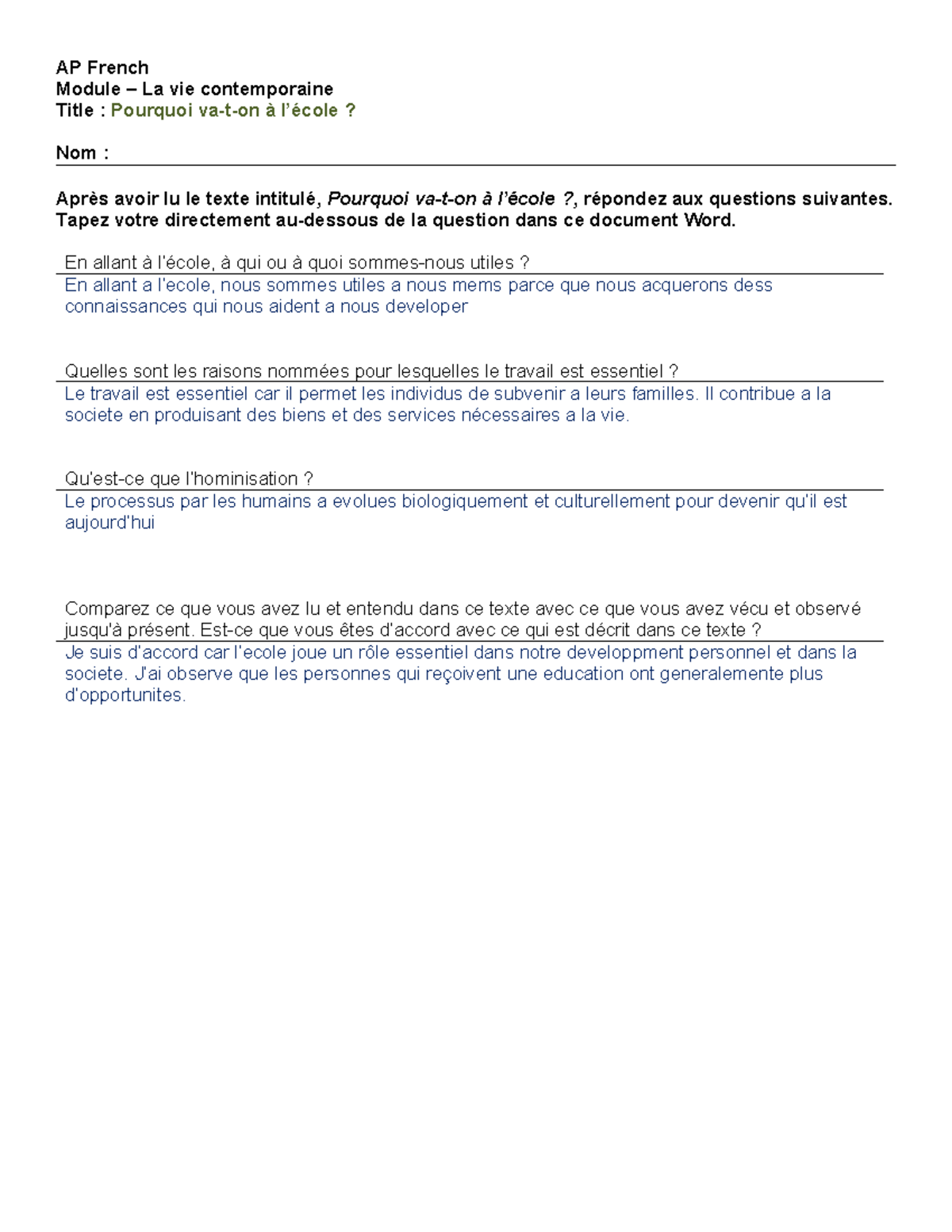 LVC Answersheet Pourquoi Vatona Lecole - AP French Module – La vie ...